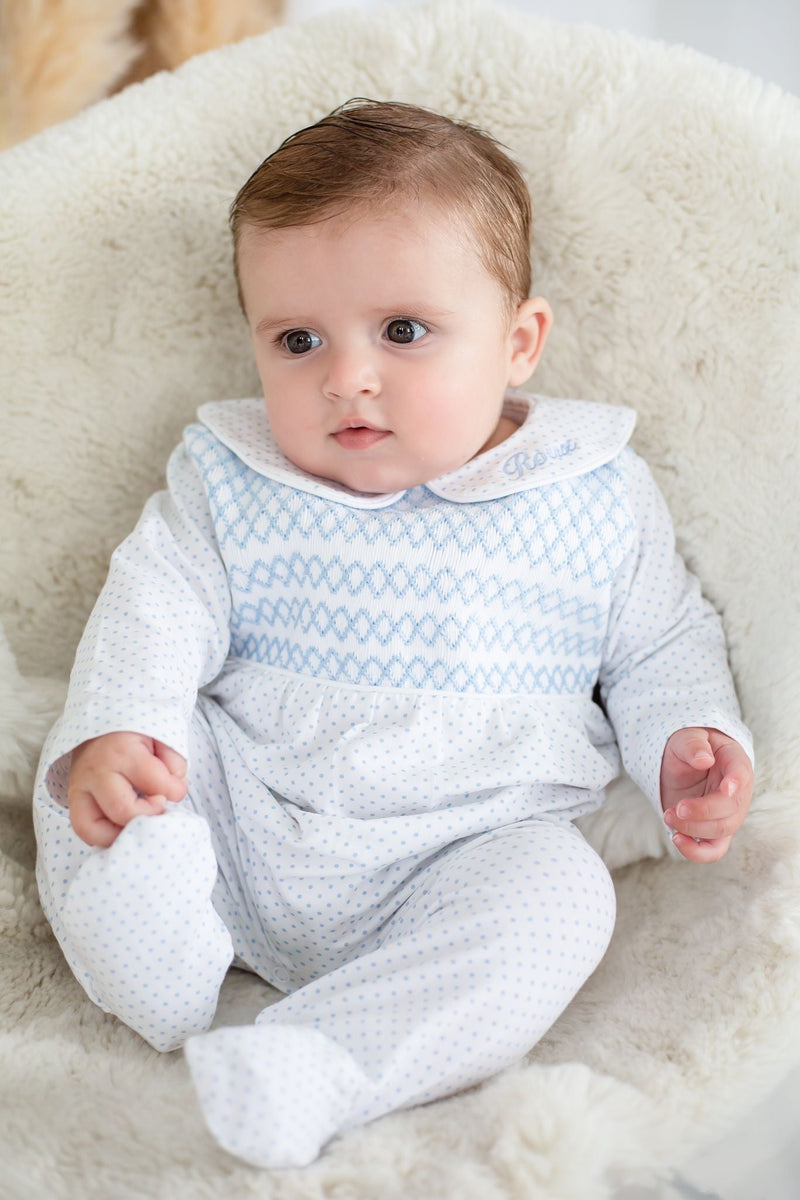Boys Blue Swiss Dot Smocked baby grow – Clark & Beau